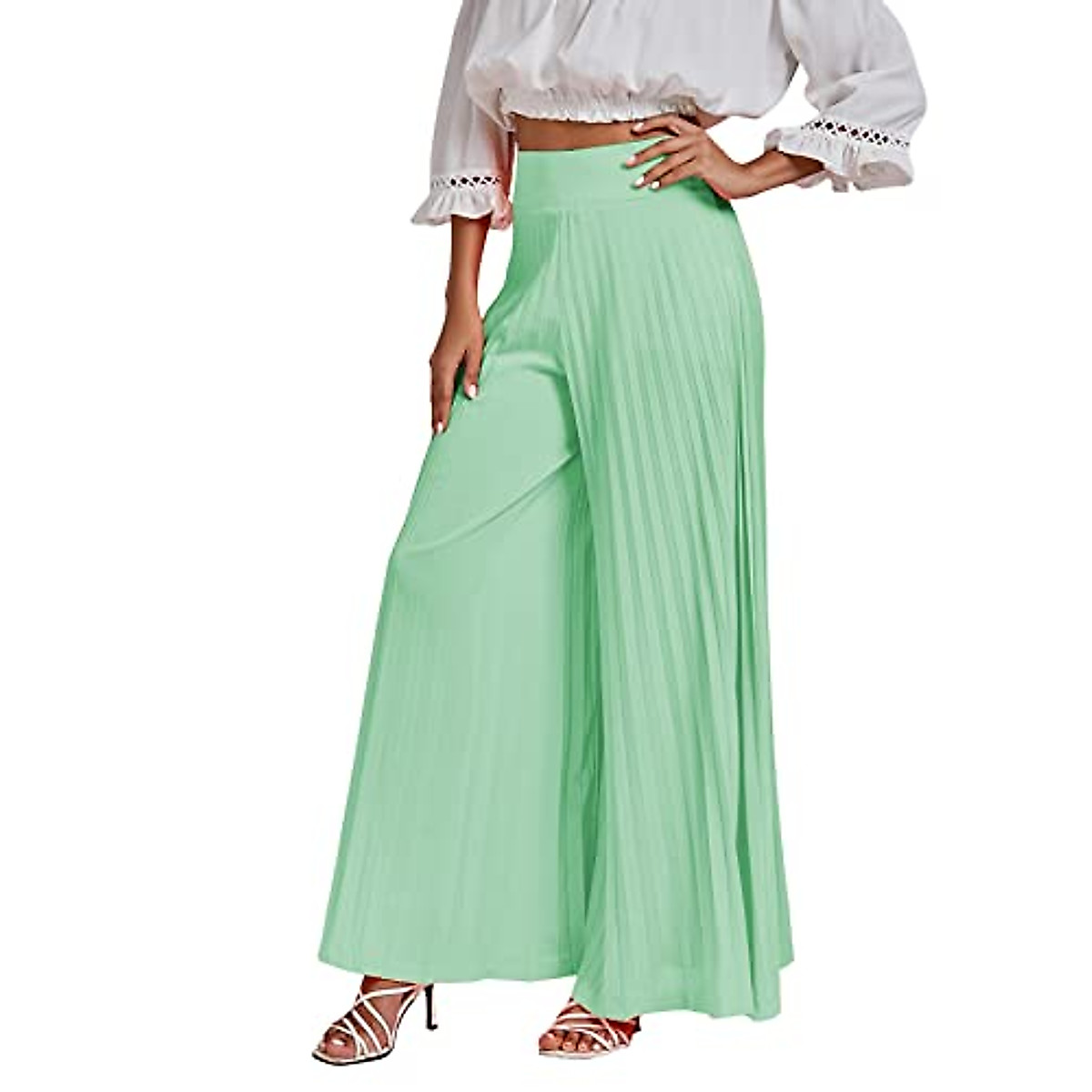 LYANER Women's Elastic High Waisted Wide Leg Palazzo Pants Loose Casual Pleated Trousers Green X-Large