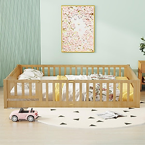 Bellemave Queen Size Floor Bed with Door,Kids Montessori Floor Bed with Slats and Fence,Solid Wood Queen Bed Frame for Girls Boys(Queen,Natural)