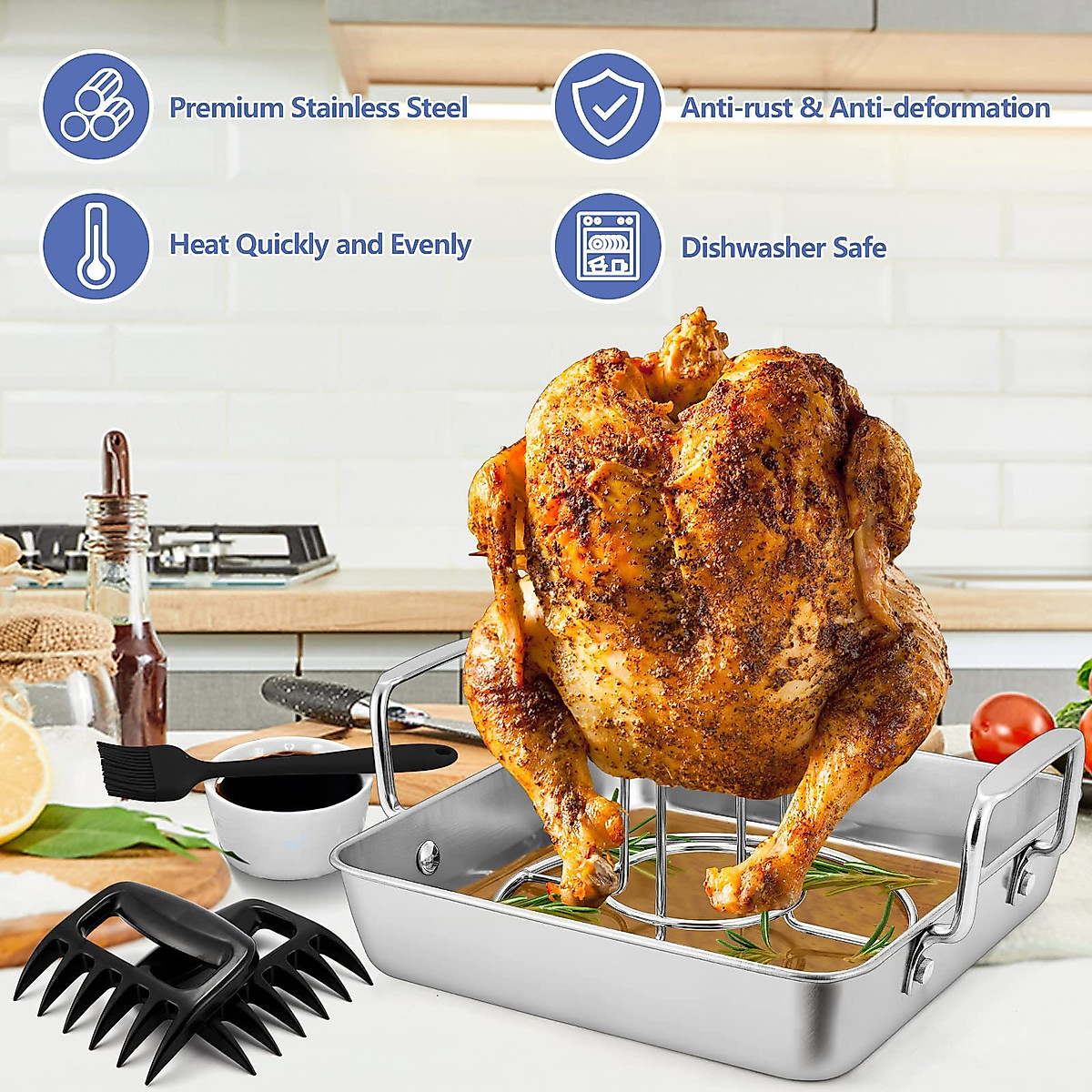 LIANYU Roasting Pan with Beer Can Chicken Holder, Stainless Steel Roaster Pan for Grill Smoker or Oven, Heavy Duty Lasagna Veggies Cooking Tray, Plus Meat Claws & Brush, Dishwasher Safe, 5 Pieces