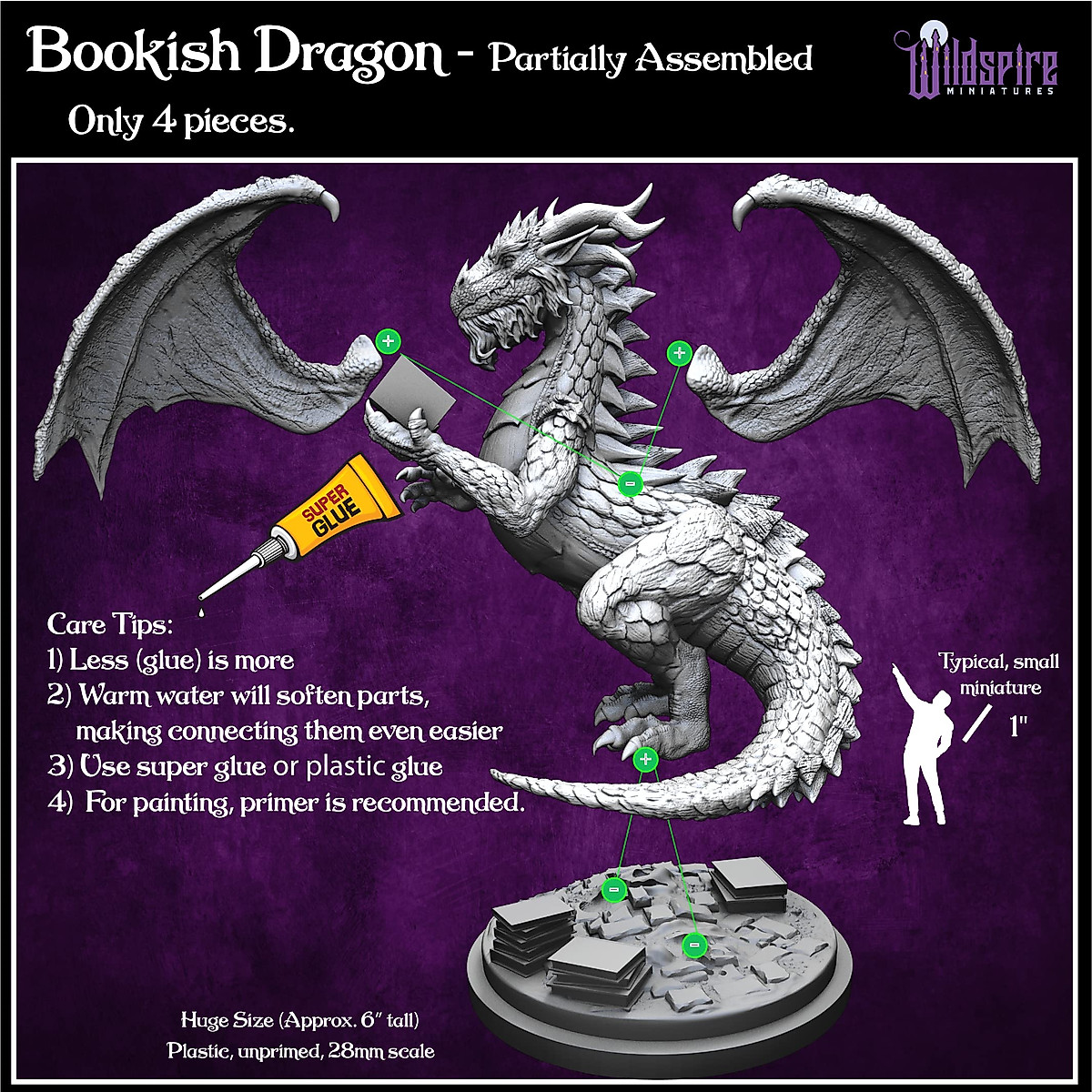Wildspire Fantasy Bookish Dragon Paintable DND Miniature Huge 6" D&D Dragon Mini 28-32mm Dungeons and Dragons Figure for Fantasy Tabletop Miniatures and Accessory, Partially Assembled for TTRPG