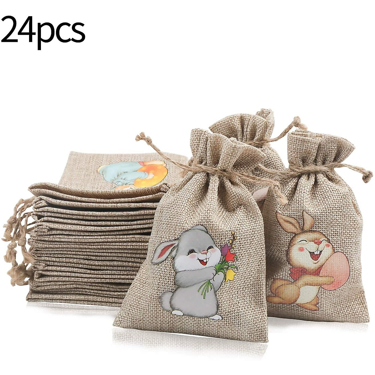 STEFORD Easter Burlap Drawstring Gift Bags,24 PCS Easter Jute Linen Burlap Treat Candy Bags for Easter Favors Supplies