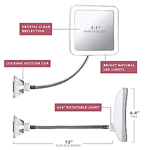 Fancii Flexible Magnifying Mirror 10X with LED Light and Gooseneck, Lighted Travel Makeup Mirror, Lock Suction, Natural Daylight LED, Cordless and Portable (Mira Plus)