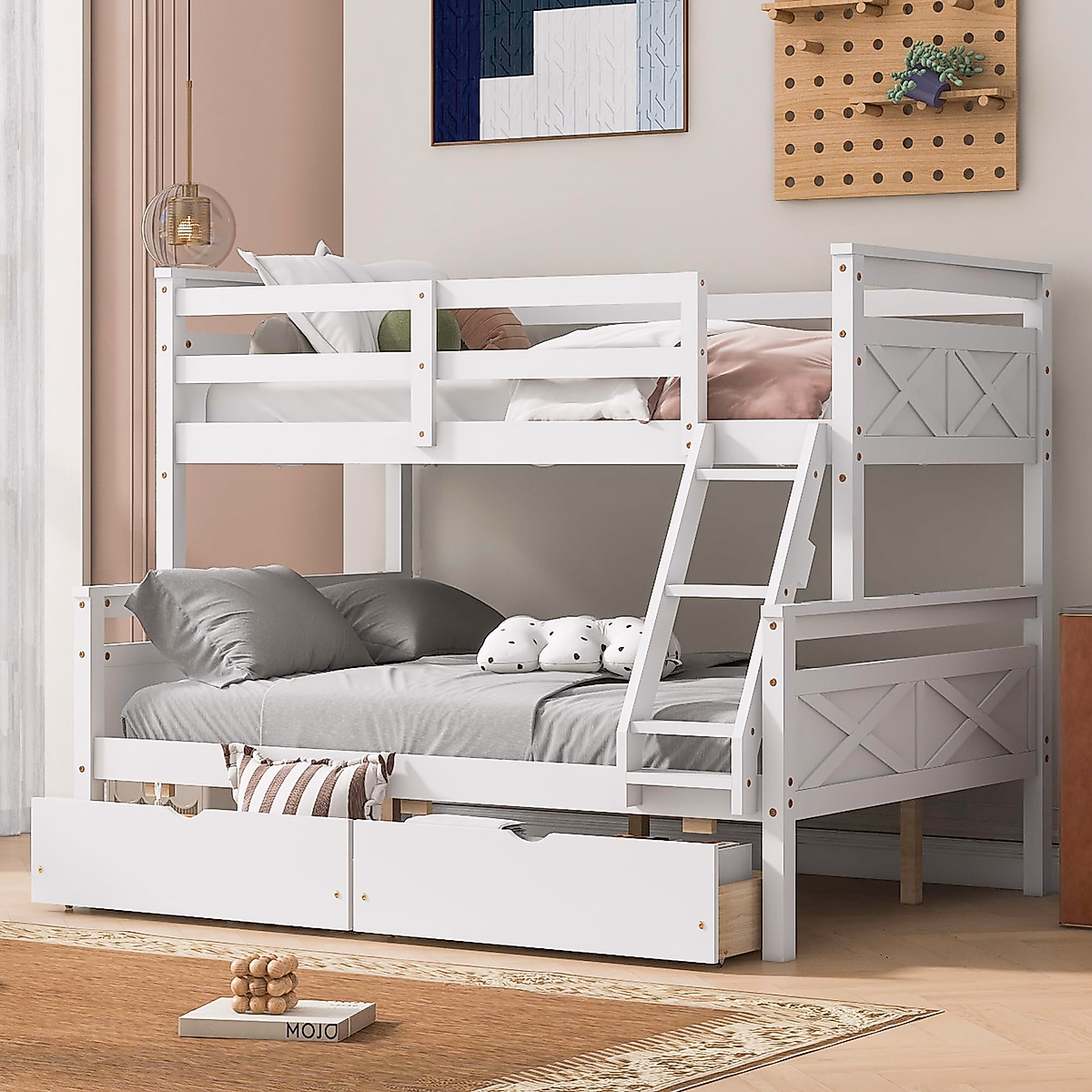 Merax Twin Over Full Bunk Bed, Kids Bedroom White Wooden Bunk Bed Frame, Convertible to 2 Separated Beds with 2 Big Drawers, Ladder & Guardrail for Teens, Wood Slat Support, Easy Assembly, White