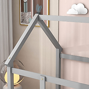 i-POOK Twin Size House Bed Wooden Floor Bed with Roof and Fence Guardrails Montessori Bed Playhouse Bed for Children Girls and Boys, Gray(No Bed Slats)