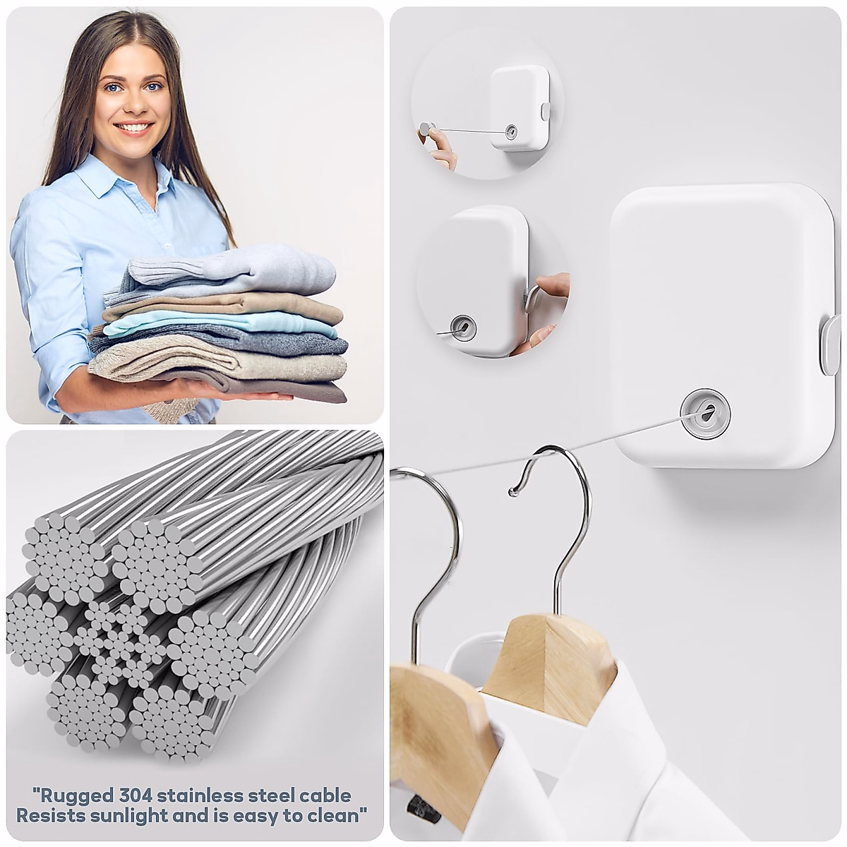 Retractable Clothesline Indoor, Clothes Line Outdoors, Heavy Duty Clothes Drying Line with Clip, Wall Mounted Line Outdoors Set Steel Wire Rope, Lock to Hanging Clothes