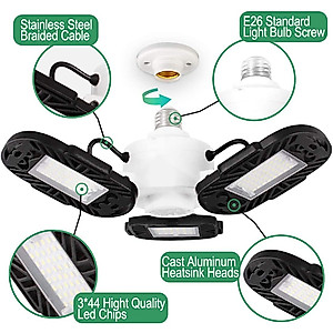 OOOLED 2 Pack LED Garage Lights, 80W LED Garage Lighting, Deformable LED Garage Lights Supporting E26 Screw Socket, 9600LM 6500K Super Bright White, LED Lights for Garage, Workshop, Basement