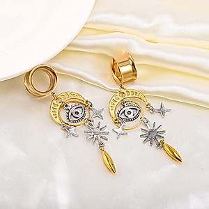 TBOSEN 2 Pairs Surgical Steel Ears Gauges Tunnels Plugs Moon Sun Design Dangle Charms Body Piercing Jewelry Earrings for Women 2g-5/8 in 6mm-16mm