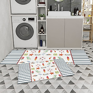 IDOWMAT Kitchen Rug Sets of 2 - Absorbent Non-Slip Kitchen Mats Navy Blue Stripes Beach Swim Ring Ice Cream Sunglasses Floor Comfort Mats Doormat for Kitchen Office Laundry 15.7x23.6in + 15.7x47.2in