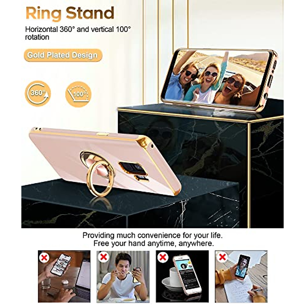 LeYi for Samsung Galaxy S9 Case with 360° Rotatable Ring Holder Magnetic Kickstand, Plating Rose Gold Edge Protective Case for Women and Girls, Pink