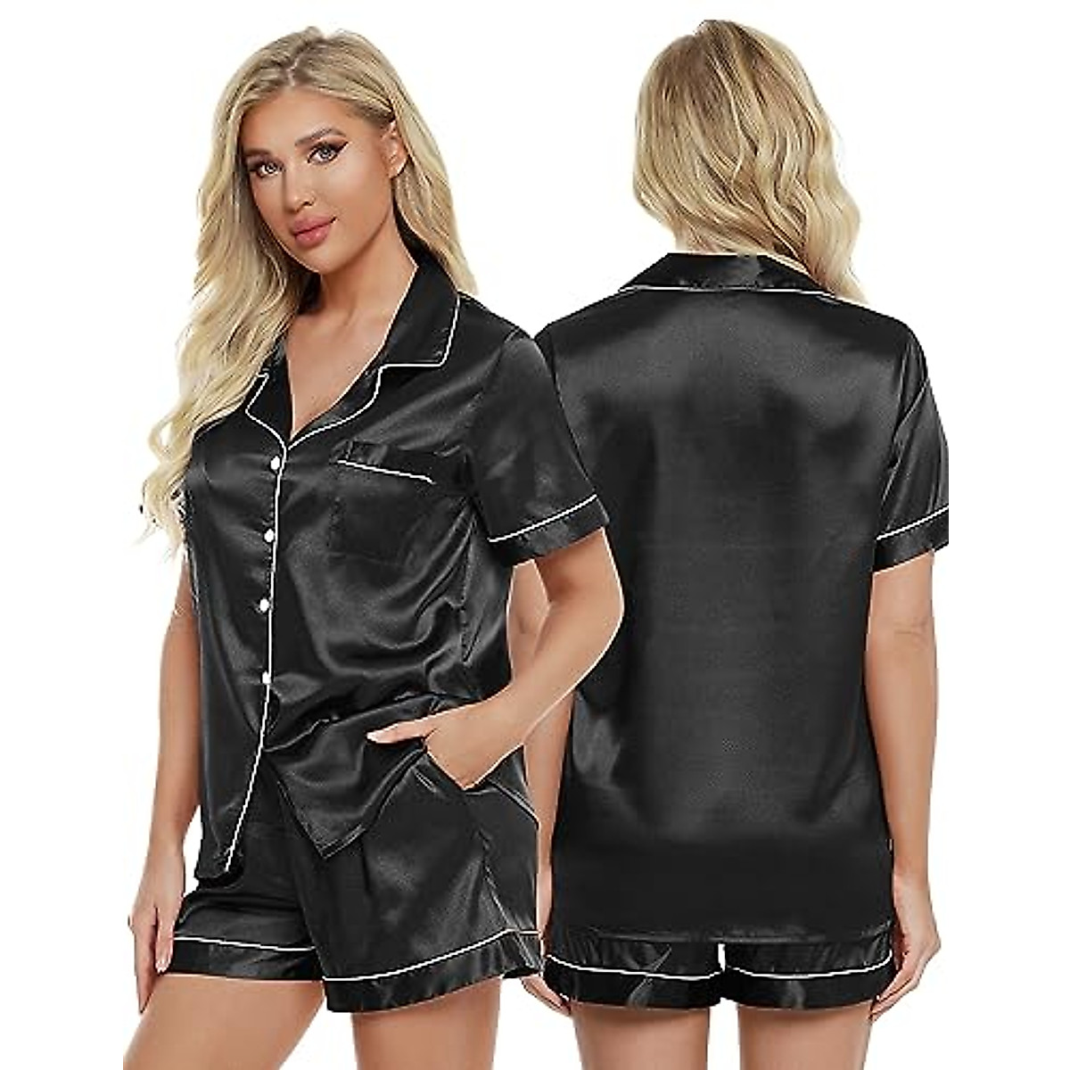 Gepansis Satin Pajama Set Women's Short Sleeve Sleepwear Soft Silk Button Down Loungewear Set Black Large