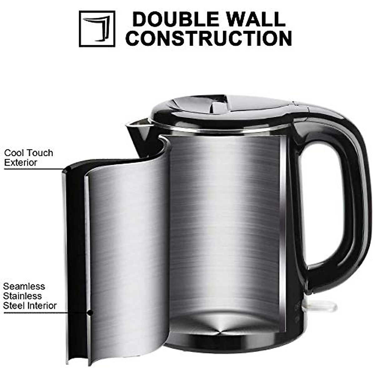 Secura Stainless Steel Double Wall Electric Kettle Water Heater for Tea Coffee w/Auto Shut-Off and Boil-Dry Protection, 1.0L (Black)