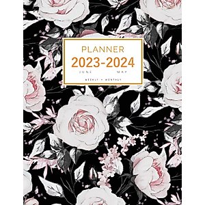 Planner 2023-2024: 8.5 x 11 Weekly and Monthly Organizer from June 2023 to May 2024 | Beautiful Drawing Rose Flower Design Black