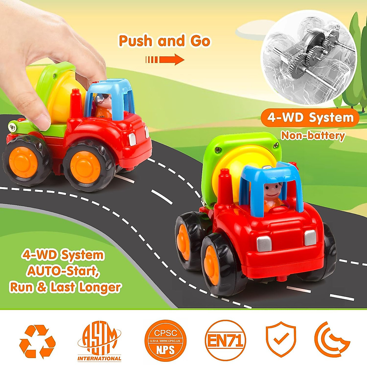 Yiosion Push and Go Friction Powered Cars Construction Vehicles Toy Set Tractor Bulldozer Mixer Truck Dumper for 1 2 3 Year Old Baby Toddlers Boys Gifts