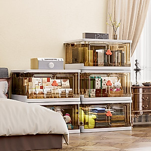 27Gal Storage Bins with Lids-4Pack Convenient Front Door Access, Wheels, Clear Design, Collapsible, Stackable, and Durable Plastic - Ideal for Closet,Organizing Toys, Dorms, Cars, and Bedrooms…