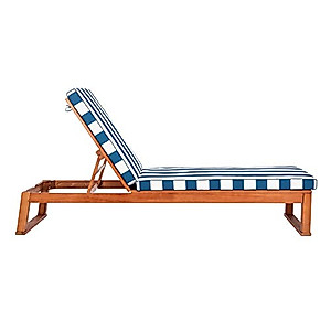 SAFAVIEH Outdoor Collection Solano Natural Wood/ Navy Stripe Cushion Patio Backyard Chaise Lounger Chair
