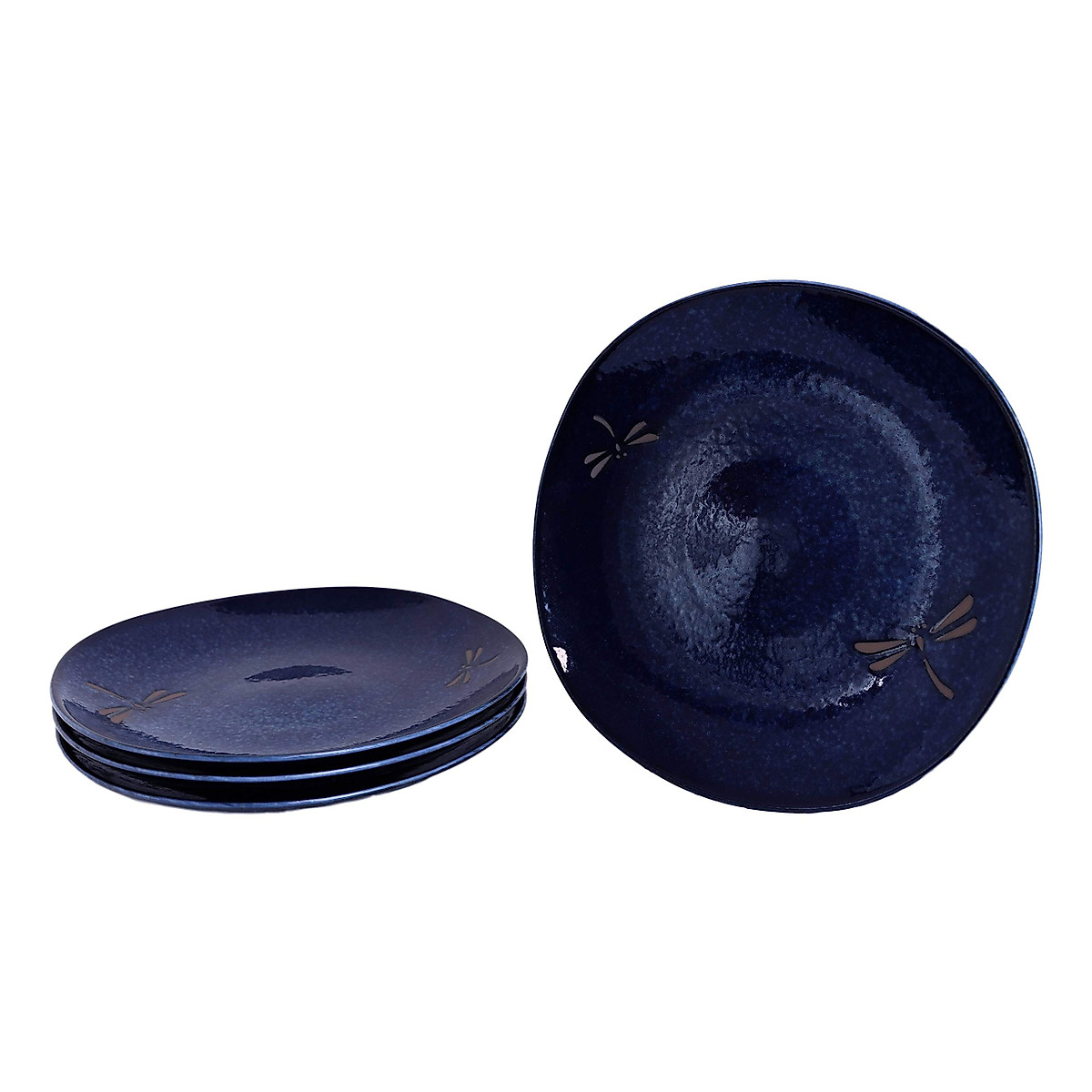 Ebros Made in Japan Pack Of 4 Midnight Blue Tombo Dragonfly Ceramic Porcelain Dinner Plates Dishes For Salads Pasta Noodles Stir Fry Main Course Entrée Dining Dinnerware Serving Platters