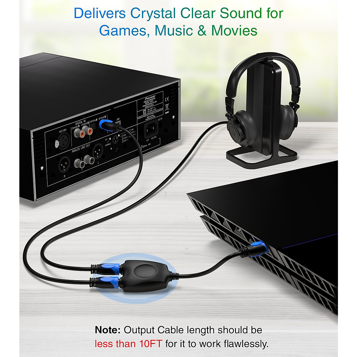 BlueRigger Digital Optical Audio Splitter 1x2 (1 in 2 Out Unidirectional Toslink Splitter, Support LPCM2.0, Dolby Digital, DTS 5.1)- for Home Theatre, Xbox, PS5, DVD, TV, Receiver, Sound Bar