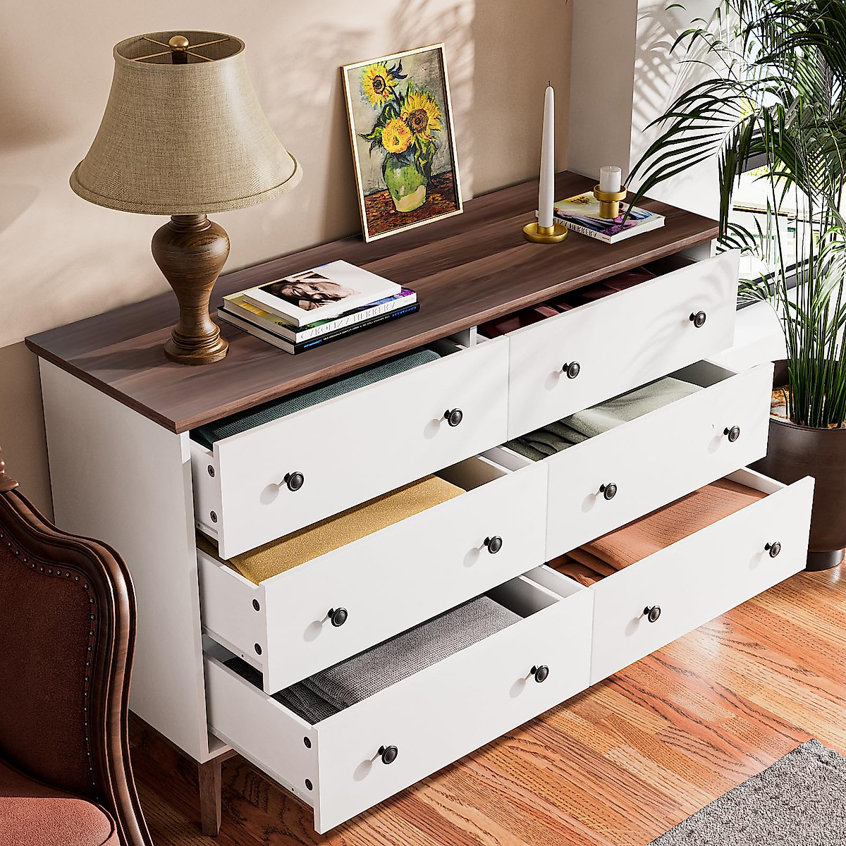 LYNSOM White Dresser for Bedroom, Modern 6 Drawer Double Dresser with Deep Drawers and Gold Knobs, Wood Storage Chest of Drawers for Living Room, Office