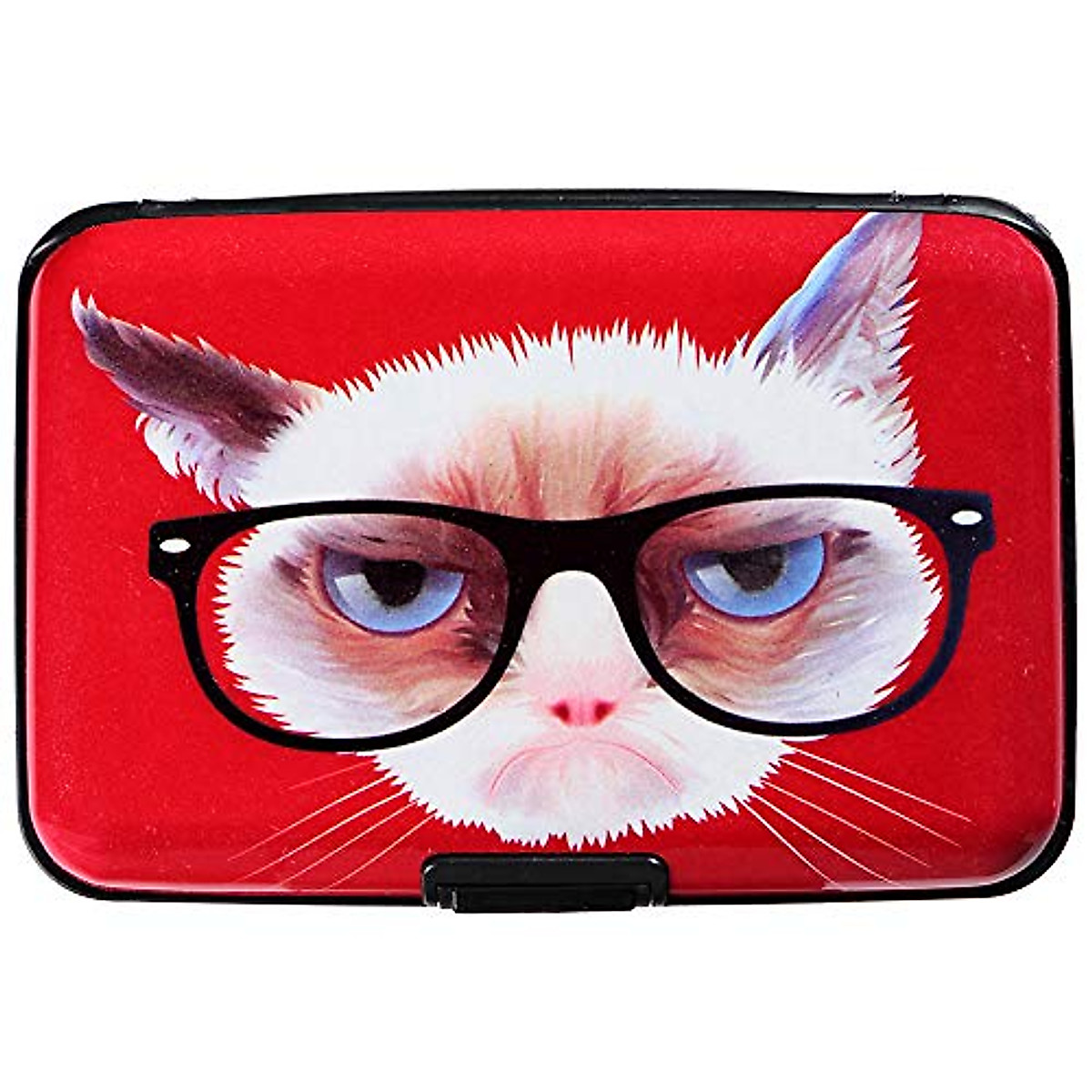 GULILASA Credit Card Holder Aluminum Wallet RFID Blocking Metal Slim Hard Case (Cat and Glasses)