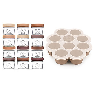 KeaBabies 12-Pack Baby Food Containers and Silicone Baby Food Freezer Tray with Clip-on Lid - 4 oz Glass Food Jars - Breast Milk Trays for Freezer