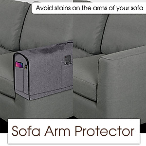 Joywell Recliner Narrow Linen Armrest Covers for Living Room Anti-Slip Sofa Arm Protector for Dogs, Cats, Pets Armchair Slipcover for Couch with 4 Pockets for TV Remote Control, Phone, Set of 2, Gray