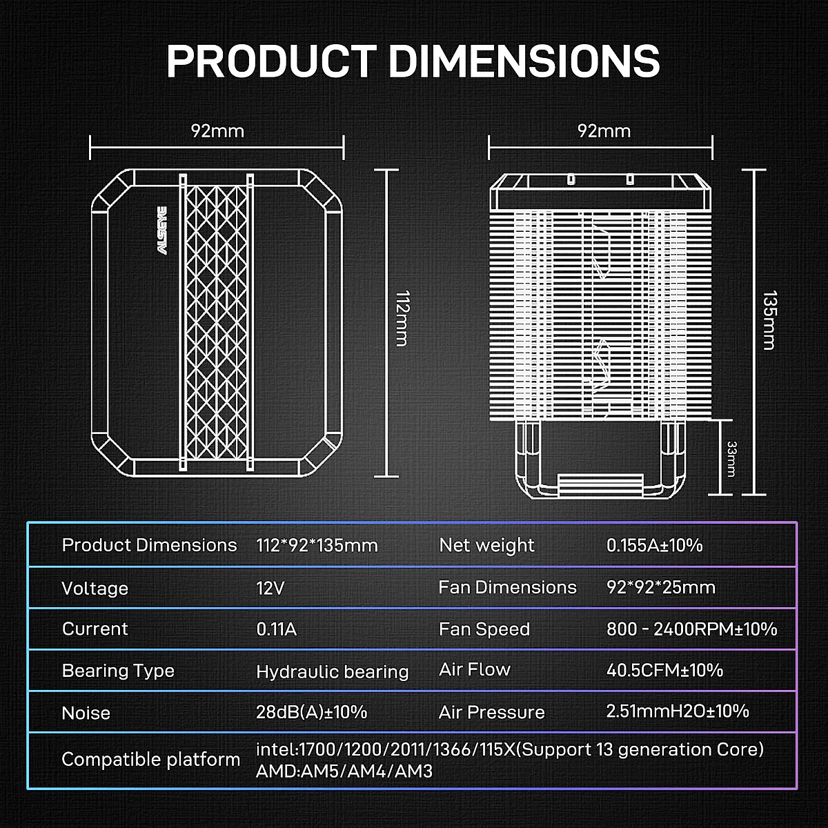 ALSEYE M90 CPU Cooler, Hidden Fan Designed Dual Tower Air-Cooled CPU Cooler with ARGB Light Effect Cover Compatible with Both Intel and AMD Platform, LGA1700 Supported (M90 Black)