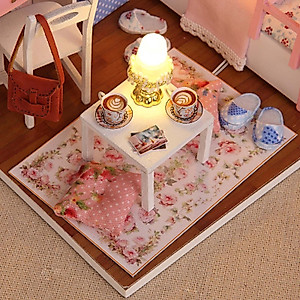 Ogrmar Wooden Dollhouse Miniatures DIY House Kit with Cover and Led Light-Blossom Age
