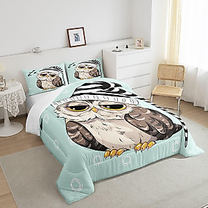 Owl Sherpa Comforter Set Queen,Sleeping Sign Bedding Set 3pcs for Kids Teens Girls Room Decor,Contemporary Style Quilt Set Romantic Duvet Insert with 2 Pillowcases,Light Green