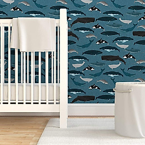 Spoonflower Peel & Stick Wallpaper 9ft x 2ft - Whale Whales Ocean Sea Creature Pod Beluga Narwhal Blue Nautical Custom Removable Wallpaper
