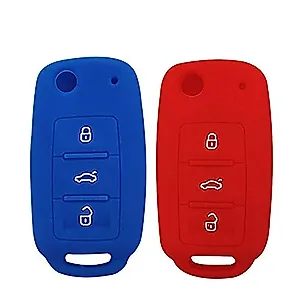 LemSa 2Pcs Keyless Entry Remote Car Flip Key Fob Outer Shell Cover Soft Rubber Protective Case for VW Volkswagen Jetta GTI Passat Golf Tiguan Touareg Beetle, Red+Blue