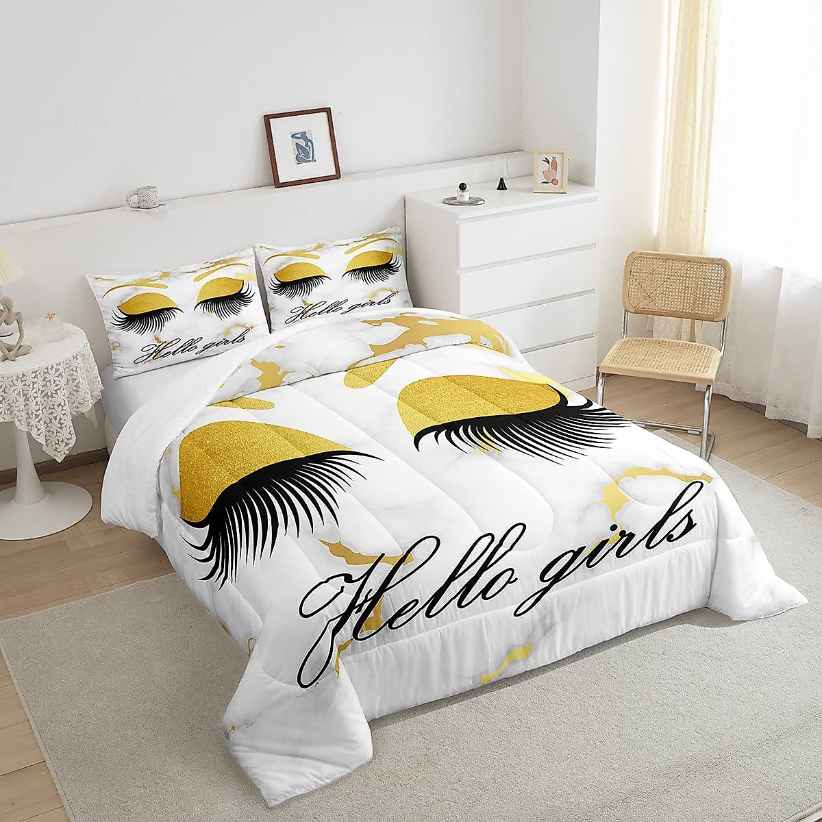 Eyelash Bedding Set Eyes Comforter Set for Girls Teens Room Decor Red White Marbele Glitter (No Glitter No Sequin) Hello Girls Comforter Set King Size Modern Simple Lovely Duvet Set 3Pcs Boys