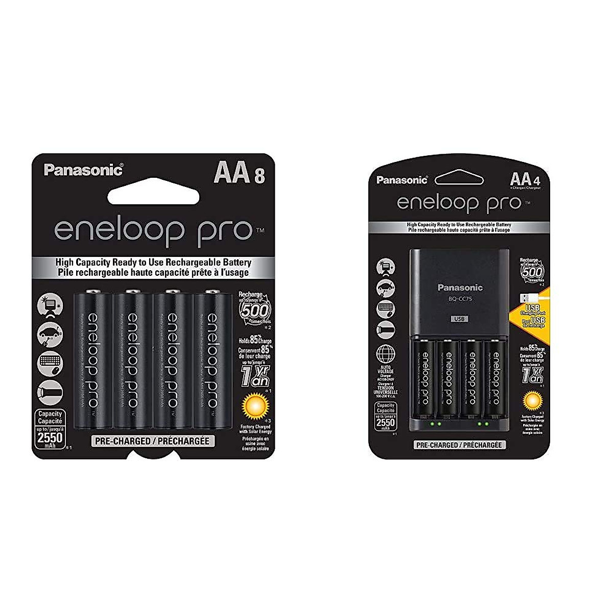 Panasonic Eneloop Pro Ni-MH AA Batteries BK-3HCCA8BA 1.2V 8pk & 4-Cell Battery Charger w/ 4 AA batteries K-KJ75KHC4BA