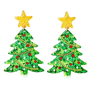 MUYAN Green Christmas Tree Earrings for Women Glitter Gold Star Green Christmas Tree Dangle Earrings Holiday Jewelry