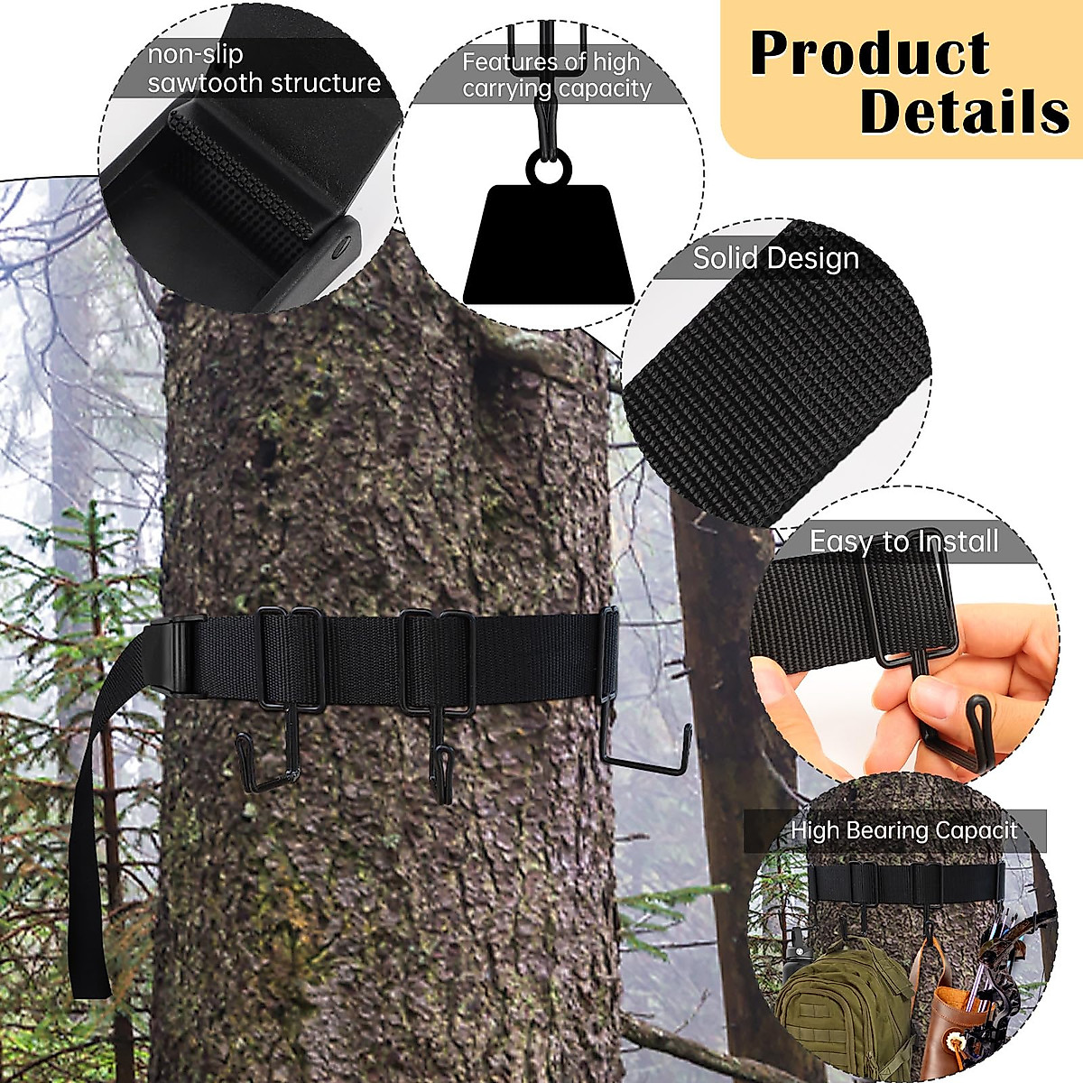 YUNVI 2 Pack Treestands Strap Gear Hangers with 12 Hooks,Hunting Tree Stand Bow & Gear Hanger,Saddle Hunting and Gear Equipment Hanger,Tree Stand Accessories Strap for Bow Arrows Bag