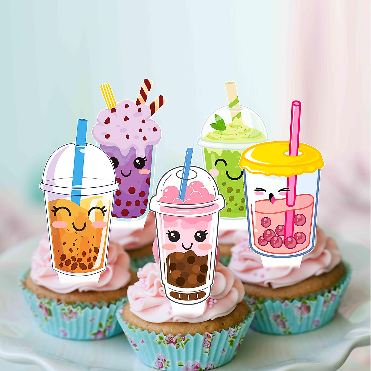 Bubble Tea Cupcake Toppers 48Pcs Boba Tea Themed Birthday Party Decorations Bubble Milk Tea Cake Cupcake Topper Decorations for Pearl Milk Tea Theme Birthday Baby Shower Party Supplies