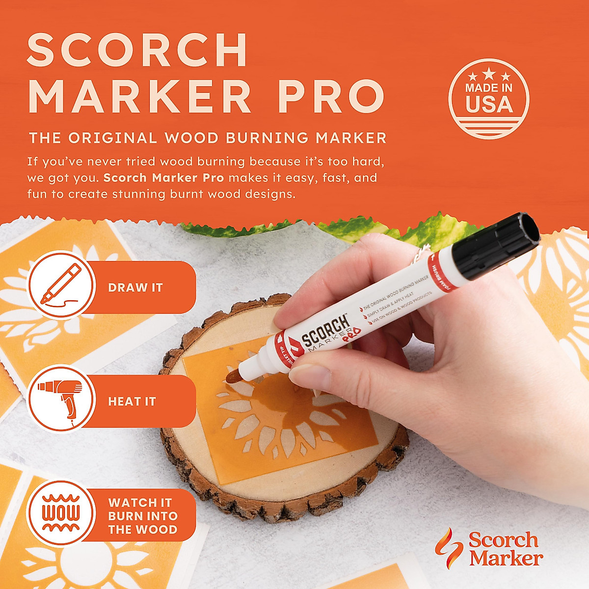 Scorch Marker Woodburning Pen Tool with Foam Tip and Brush, Non-Toxic Marker for Burning Wood, Chemical Wood Burner Set, Do-it-Yourself Kit for Arts and Crafts
