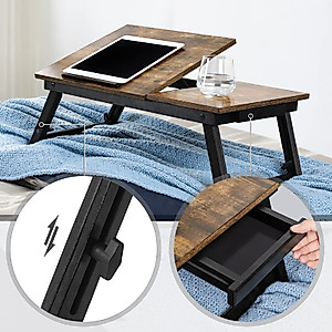 SONGMICS Laptop Desk for Bed or Sofa with Adjustable Tilting Top, Breakfast Serving Tray with Height Adjustable Folding Legs, Fits Screen Size up to 15.6 Inches, Floor Desk, Rustic Brown ULLD105B01