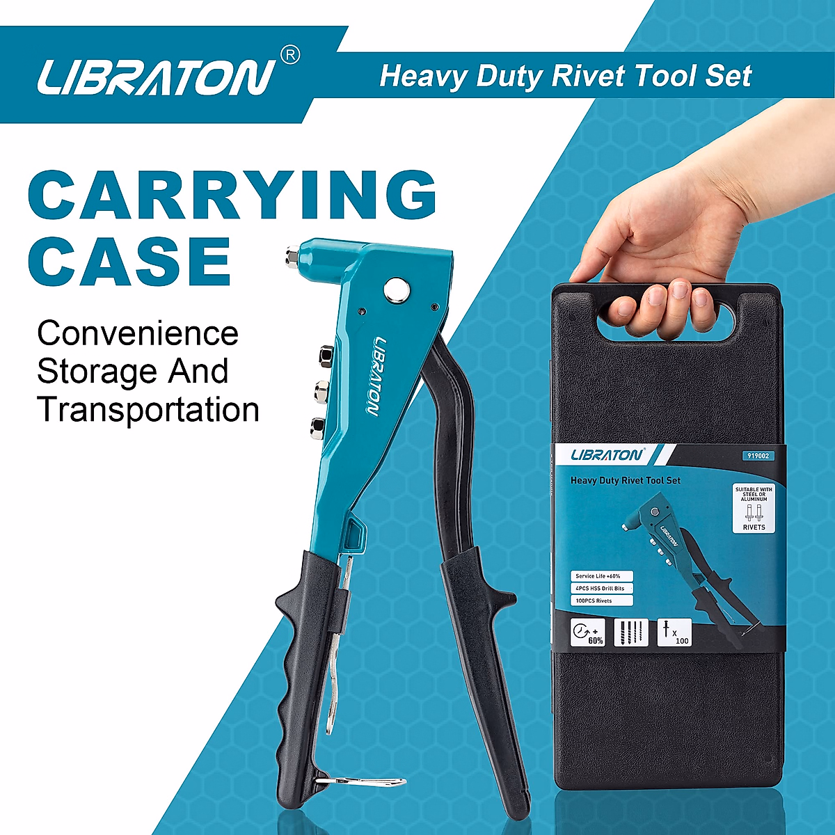 Libraton Heavy Duty Rivet Gun, Pop Rivet Gun Set, Professional Hand Riveter, Manual Riveting Tool with 110Pcs Rivets and 4 Interchangeable Heads, for Metal, Wood and Plastic