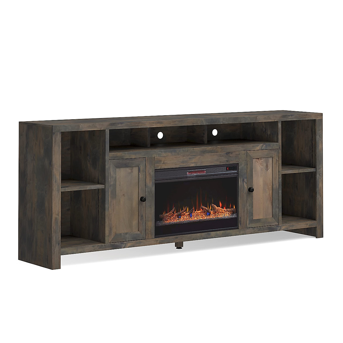 Bridgevine Home Rustic Joshua Creek Fireplace TV Stand Entertainment Center, Accommodates TVs up to 95 Inches, Fully Assembled Knotty Alder Solid Wood, 84 Inches, Barnwood Finish