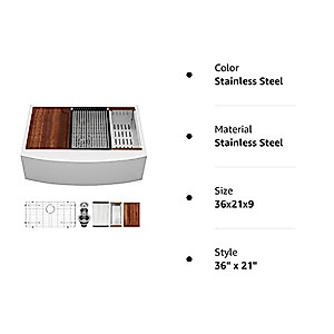 36 Inch Farmhouse Sink - Logmey Stainlese Steel Workstation Farmhouse Kitchen Sink 16 Gauge Apron Front Sink Single Bowl Farm Sink 36x21x9 Inches