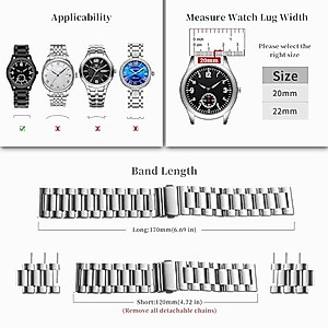BOSHIYA Quick Release Watch band, Universal Stainless Steel Watch strap 18mm, 20mm, 22mm or 24mm, Fits Samsung Galaxy Watch 6/5/4/3,G-armin Watch,Huawei Watch for Men Women，Silver Black