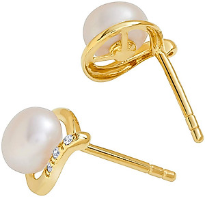 Peora Freshwater Cultured White Pearl Stud Earrings in 14K Yellow Gold, Round Button Shape, 6.50mm Teardrop Halo Solitaire, Friction Backs