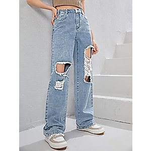 Floerns Girls Cut Out Ripped Wide Leg Jeans High Waist Distressed Denim Pants Light Blue 14Y
