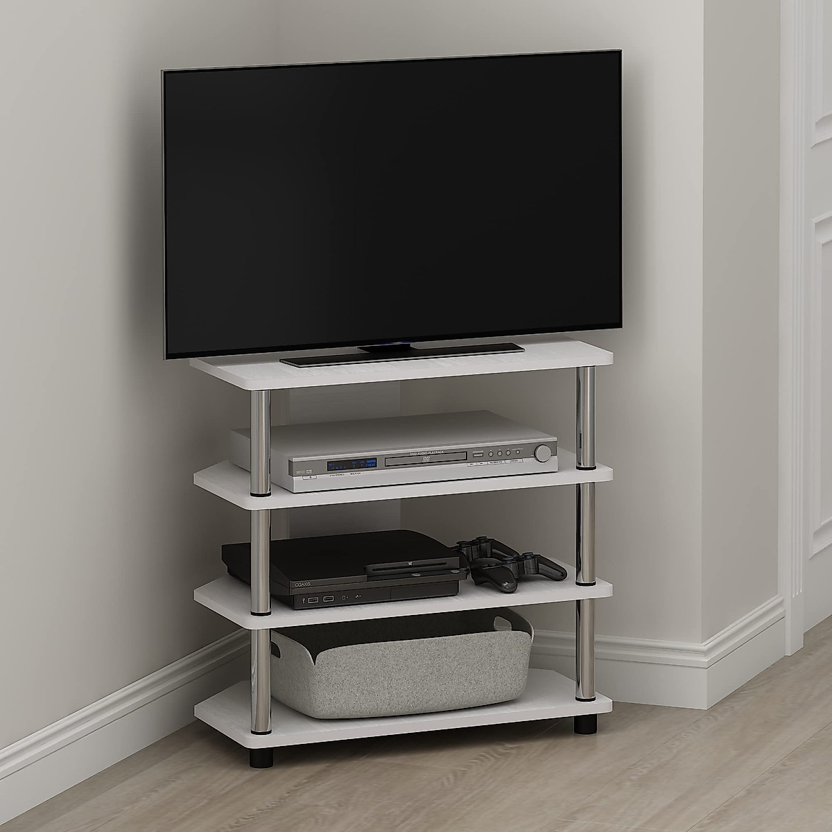 Furinno Econ Easy Assembly 4-Tier Petite Entertainment Center TV Stand for TV up to 25 Inch with Stainless Steel Tubes, White Oak/Chrome