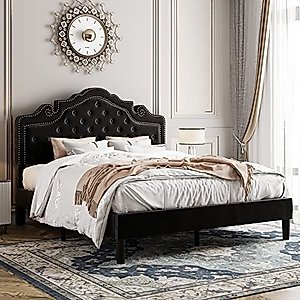 Allewie Full Size Bed Frame with Velvet Tiara Headboard, Upholstered Diamond Button Tufted Platform Bed, Sturdy Wood Slats Support, No Box Spring Needed, Black