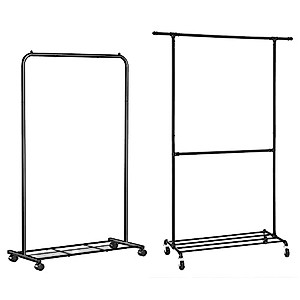 SONGMICS Industrial Clothes Rack and Double Hanging Rack Bundle, Clothing Racks with Storage Shelves, Heavy Duty Storage Racks on Wheels, Home or Commercial, Black UHSR25BK and UHSR62BK