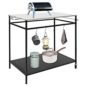 CheriMuMu Outdoor Movable Cooking Table, Double-Shelf Movable Grill Cart Outdoor Pizza Oven Table Stand Trolley Worktable Trolle with 2 Wheels and 4 Hooks for Kitchen, Outside or Backyard Patio