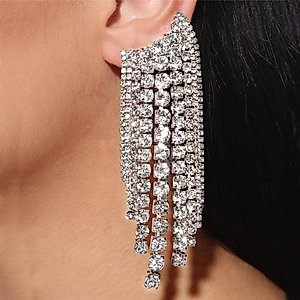 Xerling Rhinestones Fringe Chain Boho Chandelier Tassel Earrings for Women Statement Silver Crystal Earrings Dangling Bridal Wedding Earrings