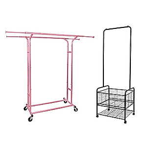 Fishat Pink Heavy Duty Double Rod Garment Rack & Laundry Hamper Butler Cart Basket
