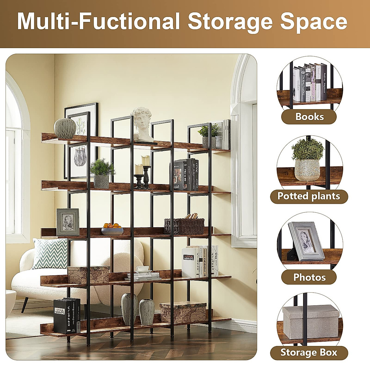 GNIXUU Triple Wide Bookshelf 5-Tier, Industrial Display Bookcase with Metal Frame, Tall Open Storage Book Shelves for Bedroom Living Room Office (Rustic Brown)